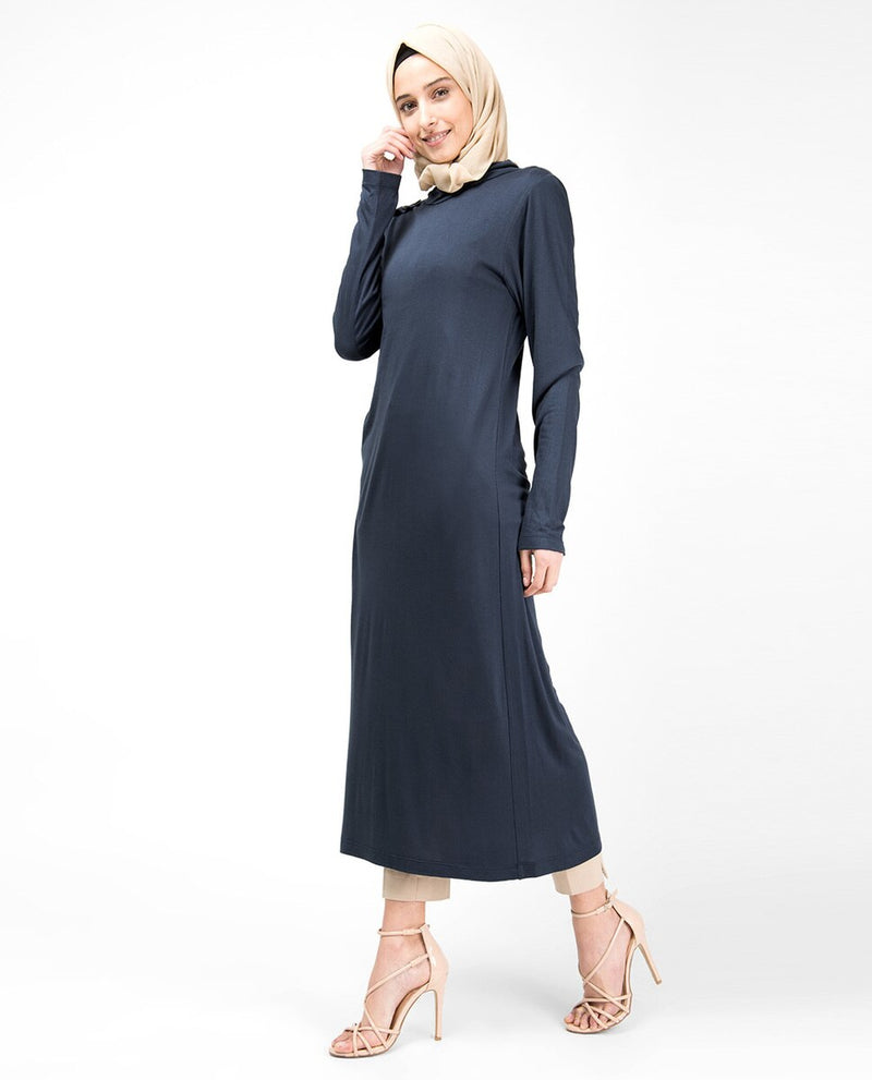 Modest Outerwear in Blue High Neck Long Top - ModestPath.com